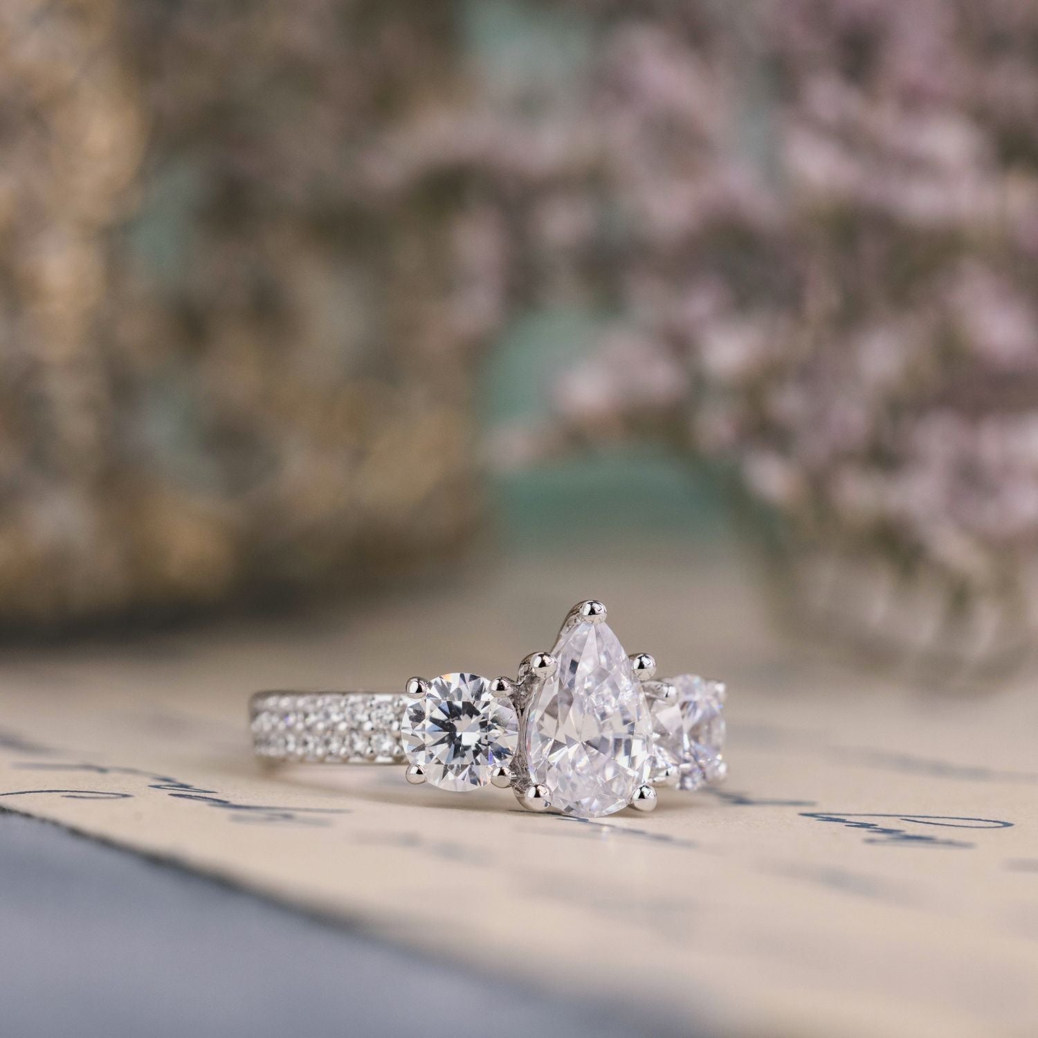 1 CT Pear Cut Three Stones & Pave Lab Grown Diamond Engagement Ring ...