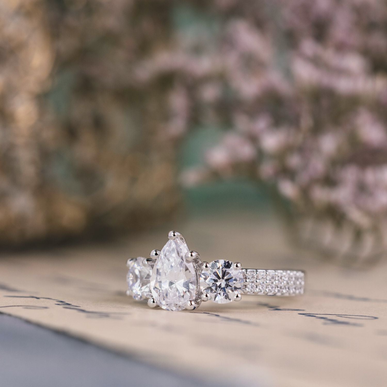 1 CT Pear Cut Three Stones & Pave Lab Grown Diamond Engagement Ring ...